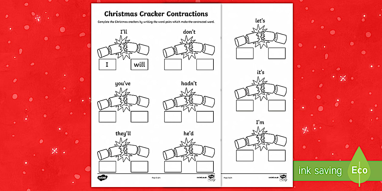 Editable Christmas Cracker Contractions Worksheet - Twinkl