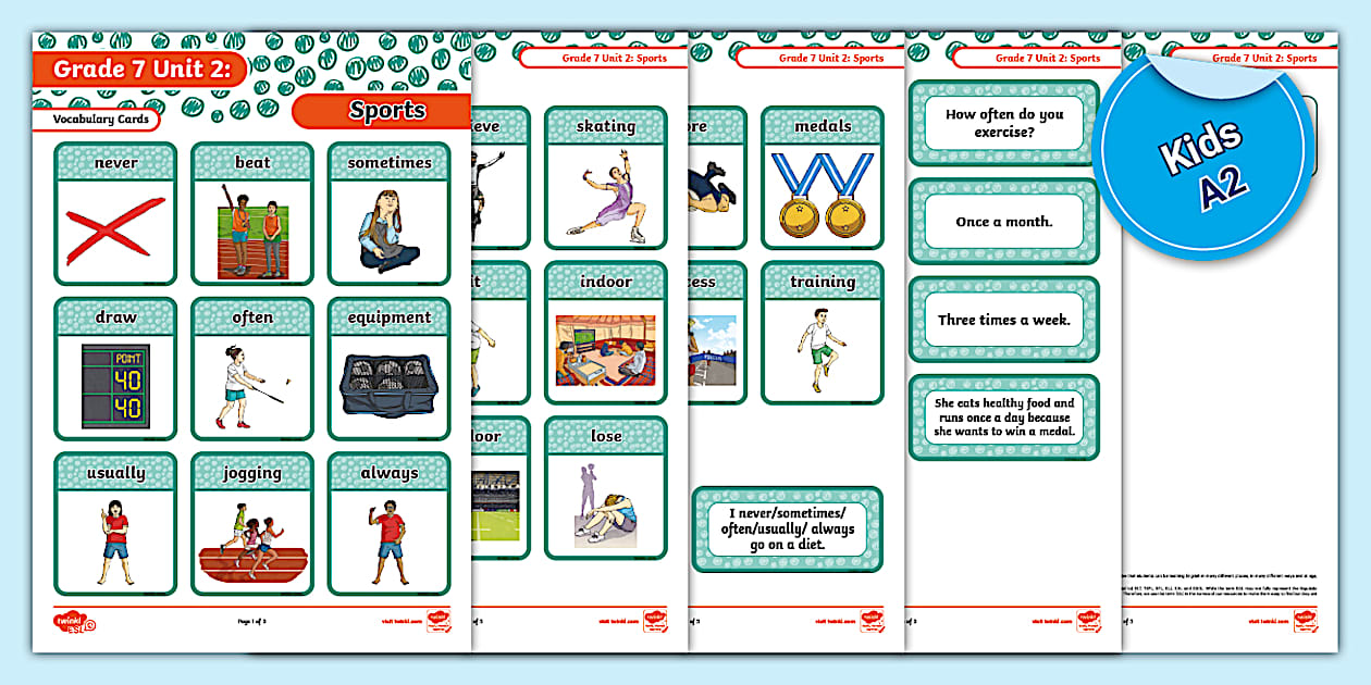 Turkey Curriculum English Vocabulary Cards: Grade 7 Unit 2 (Sports)