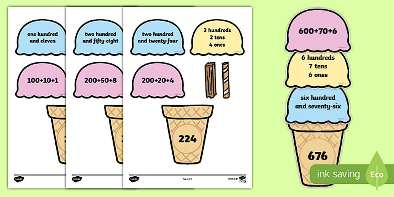 Editable Place Value Ice Cream Cone Matching Activity