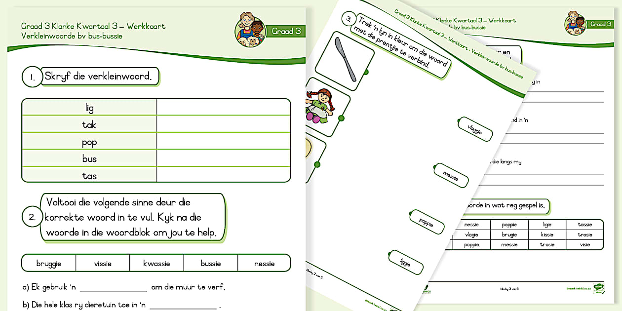 Graad 3 Klanke - Werkkaart - Verkleinwoorde bus-bussie