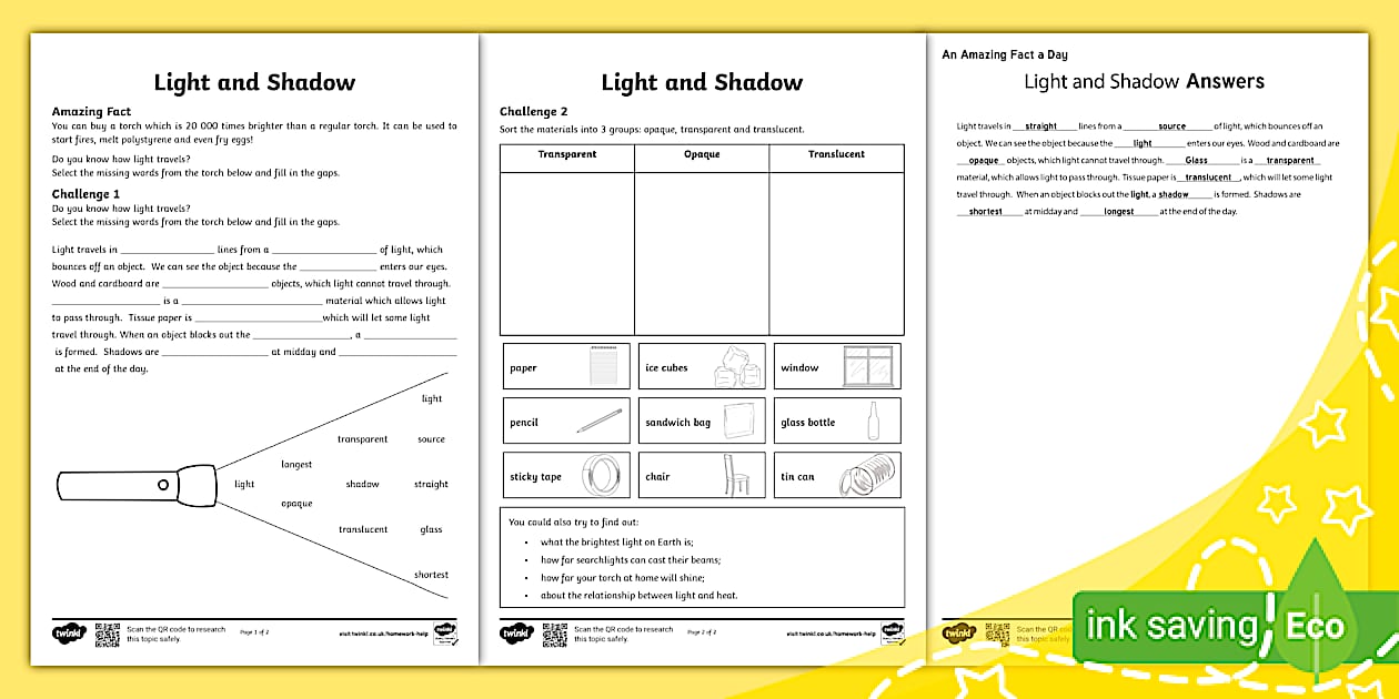KS2 Light and Shadows Worksheet - Twinkl