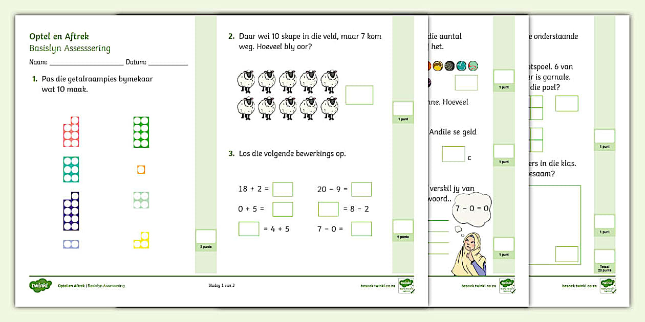 Graad 2 Optel en Aftrek Basislyn Assessering (teacher made)