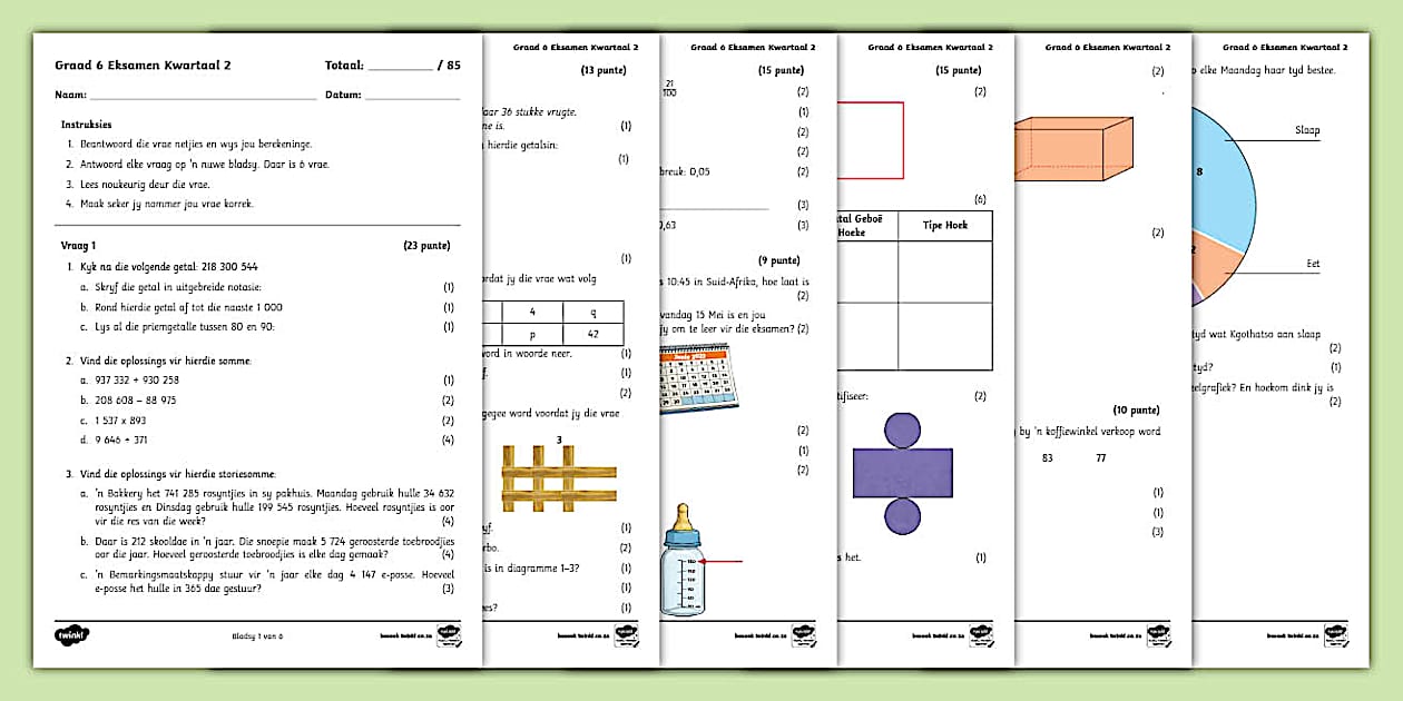 Graad 6: Wiskunde Eksamen - Kwartaal 2 (teacher made)