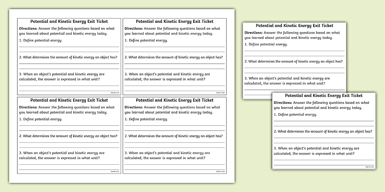 Sixth Grade Potential and Kinetic Energy Science Exit Ticket