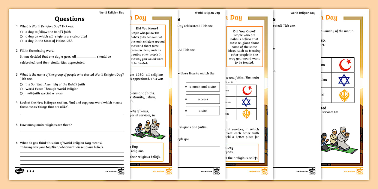 KS1 World Religion Day Differentiated Reading Comprehension Activity