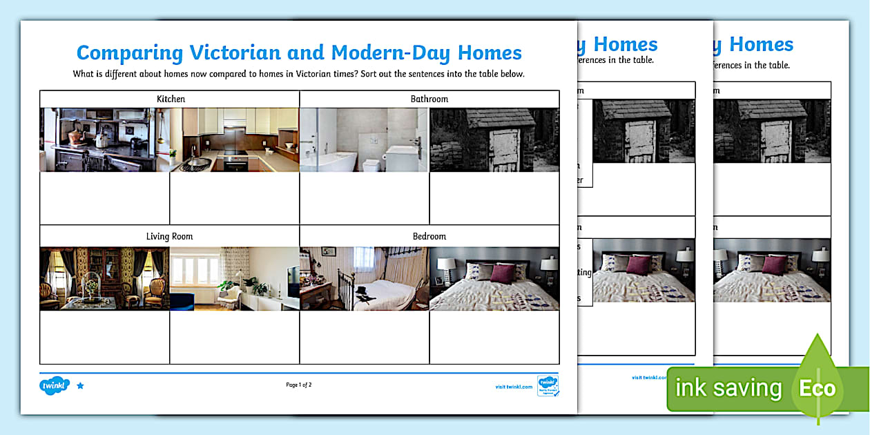 Comparing Victorian and Modern Day Homes Worksheets - Twinkl