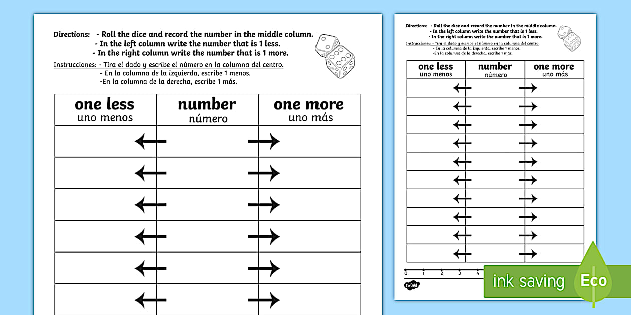 One More One Less Dice Worksheet / Worksheet English/Spanish