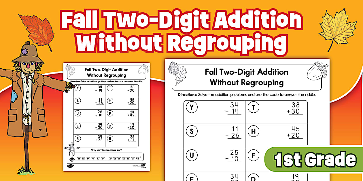 First Grade Fall Two-Digit Addition Without Regrouping Worksheet