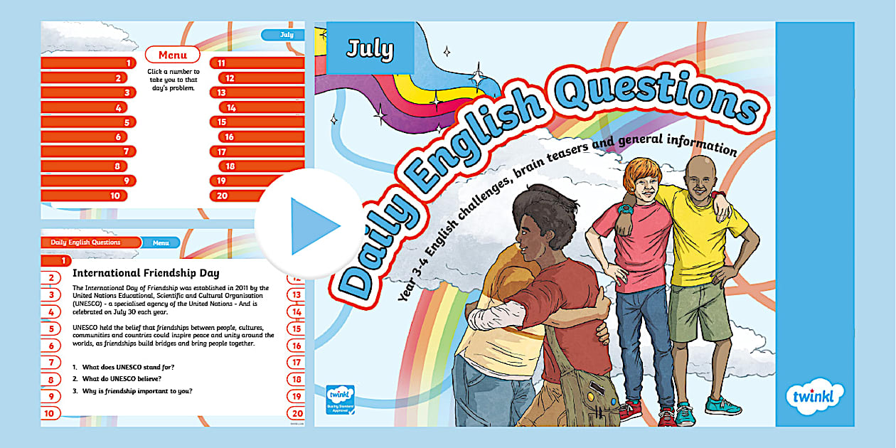 July Daily English Questions for Years 3/4 - Primary Students