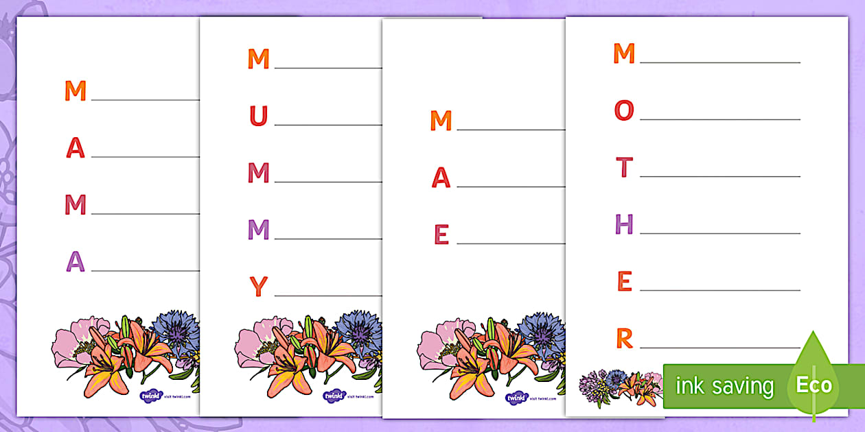 Editable Mother's Day Acrostic Poem Template (Flowers) English/Portuguese