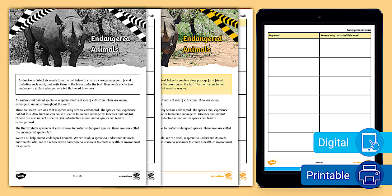 Third Grade Endangered Animals Reverse Cloze Worksheet