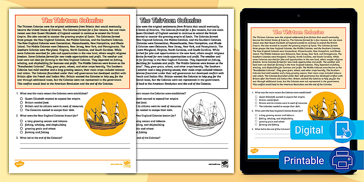 Fifth Grade Thirteen Colonies Reading Passage Worksheet