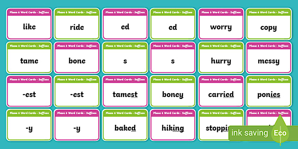 Phase 6 Word Cards (Suffixes -ing, -ed, -s, -er, -est, -y, -en)