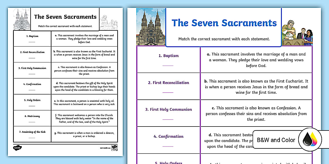 Seven Sacraments Matching Worksheet for 3rd-5th Grade