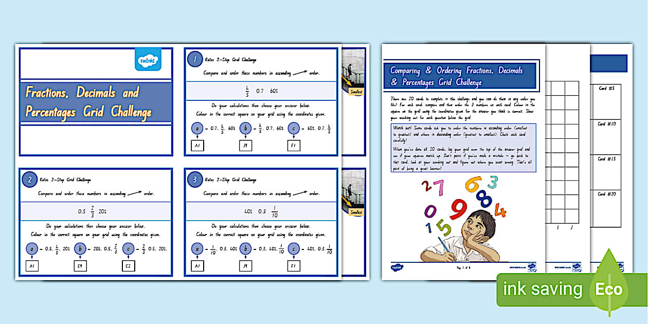 Comparing & Ordering Fractions, Decimals & Percentages Grid Challenge ...