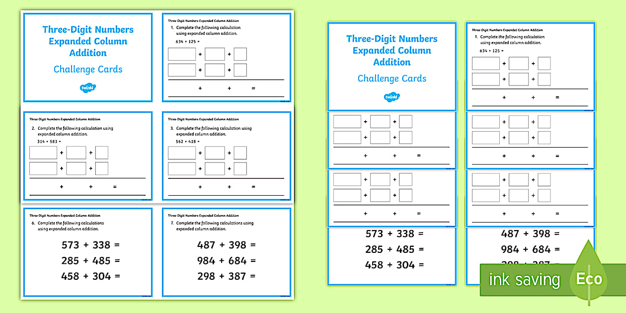 Three-Digit Numbers Expanded Column Addition Challenge Cards