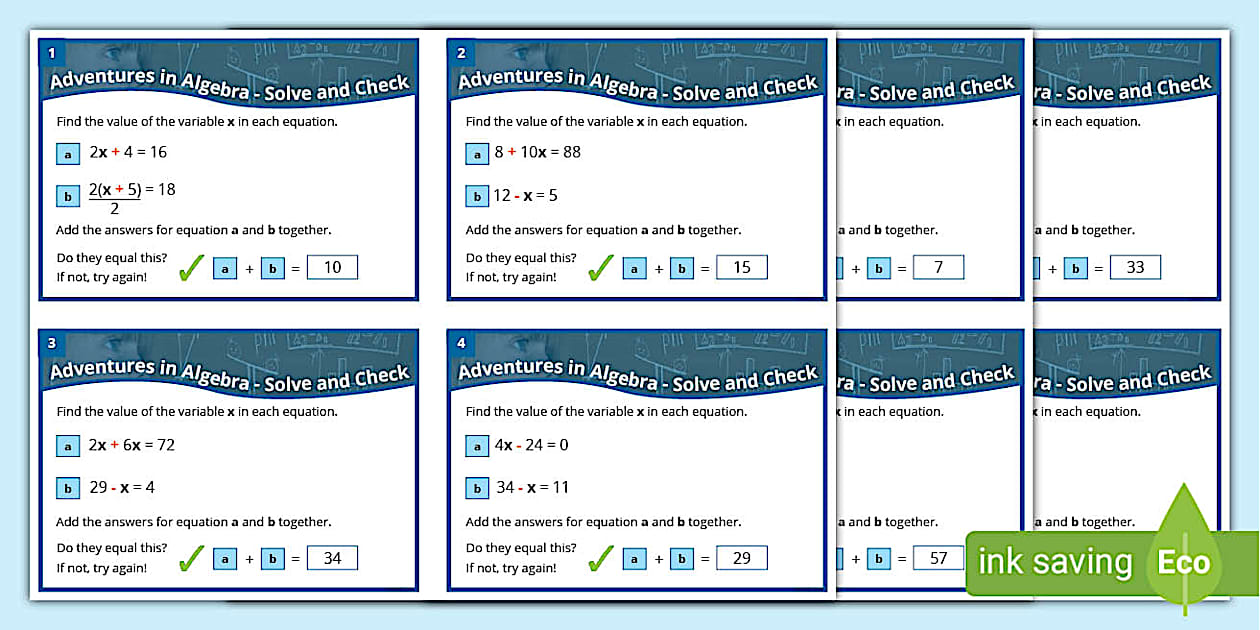 Adventures in Algebra - Solve and Check Cards (Year 7-8)