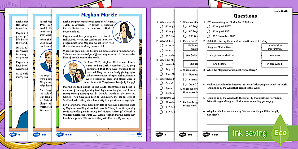Middle Ability KS1 Meghan Markle Differentiated Reading Comprehension ...