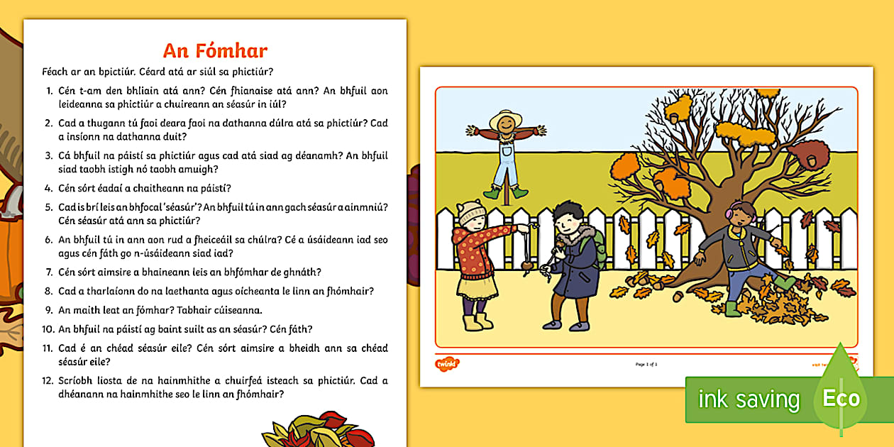 Bileog Oibre: An Fómhar, Teanga ó Bhéal - Twinkl