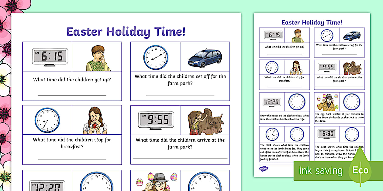 Spring-Themed Easter Holiday Times to the Nearest 5 minutes Worksheet