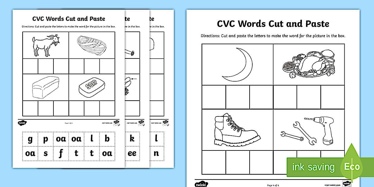 Precursive Phase 3 CVC Words Cut and Paste Activity - Twinkl