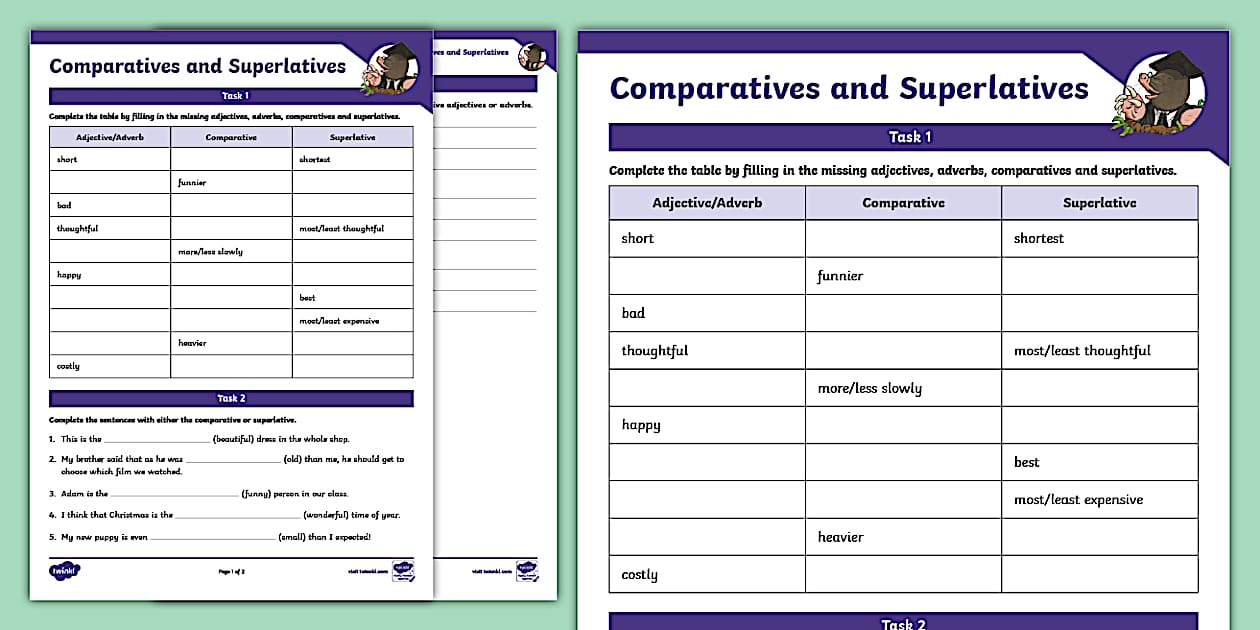 Comparatives and Superlatives Activity Sheets - Twinkl