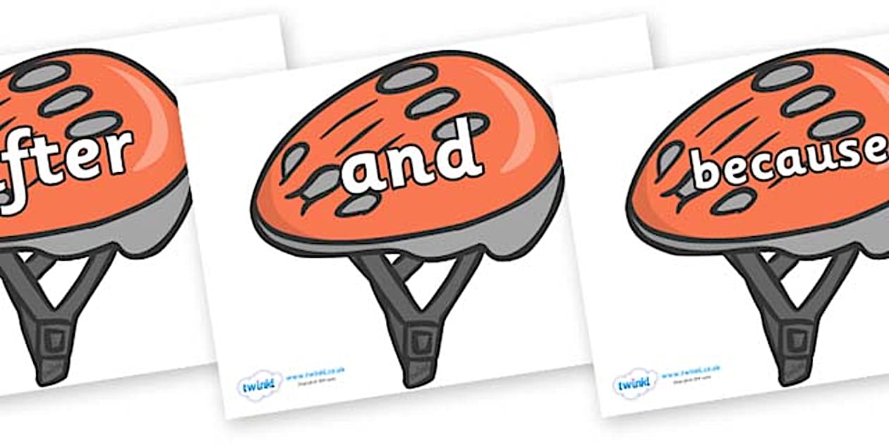 Cursive Connectives on Bike Helmets (Teacher-Made) - Twinkl