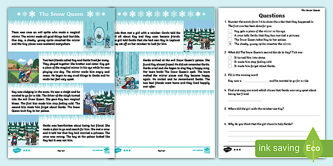 KS1 The Snow Queen Differentiated Reading Comprehension Activity