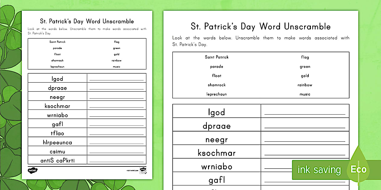 St. Patrick's Day Word Unscramble Worksheet for 3rd-5th Grade