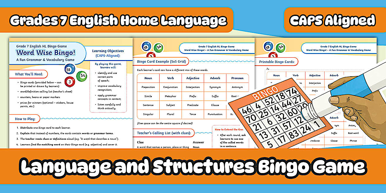 Grade 7 English HL Language and Structures Bingo Game (CAPS Aligned)