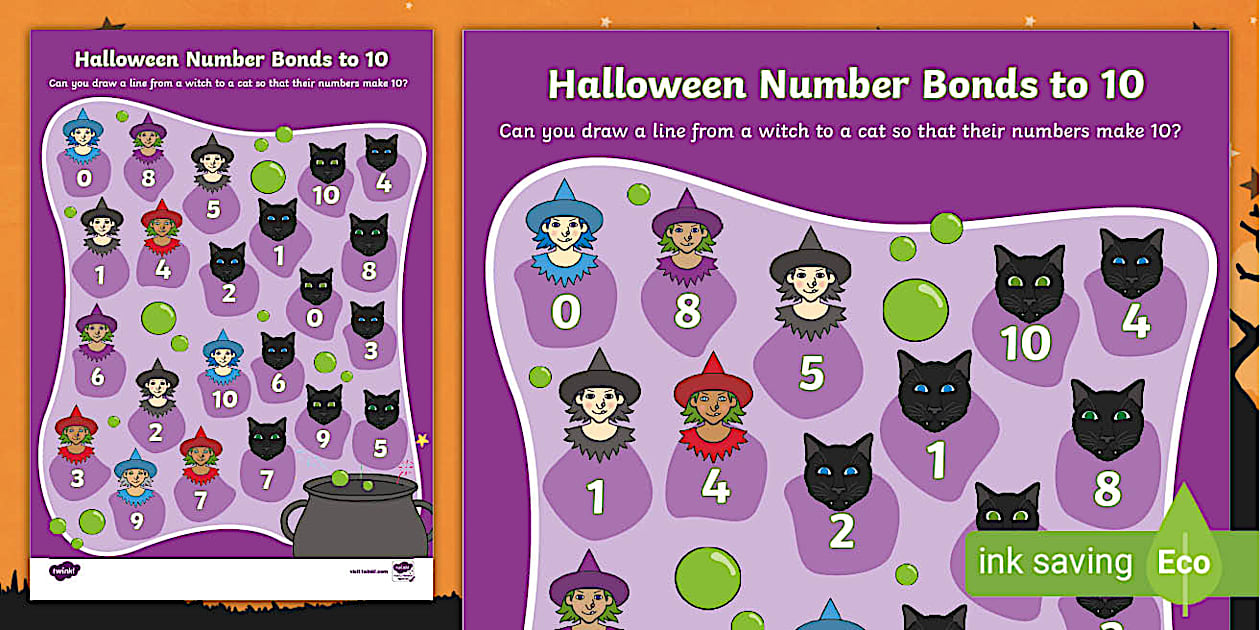 Halloween Matching Number Bonds to 10 Worksheet - Twinkl