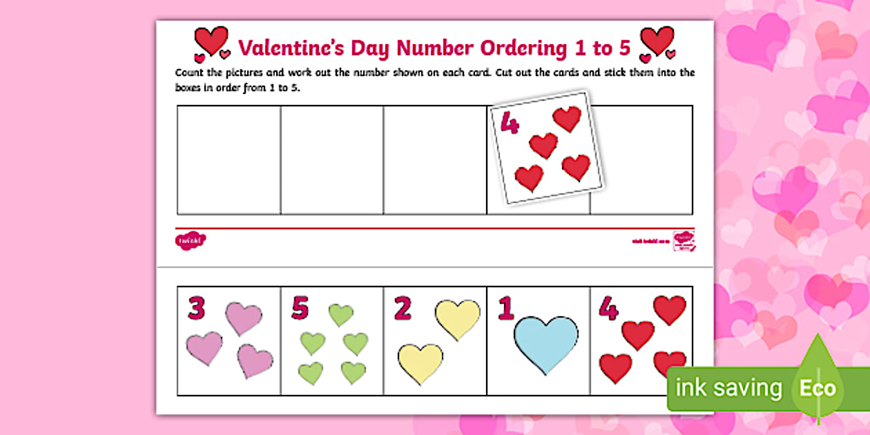 👉 Valentine’s Day Cut and Stick Number Ordering Sheet 1 to 5