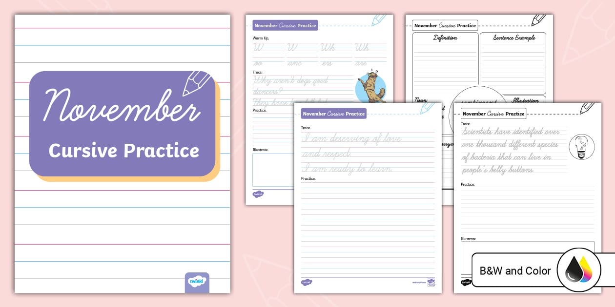 Fourth Grade November Cursive Practice Bundle (teacher made)