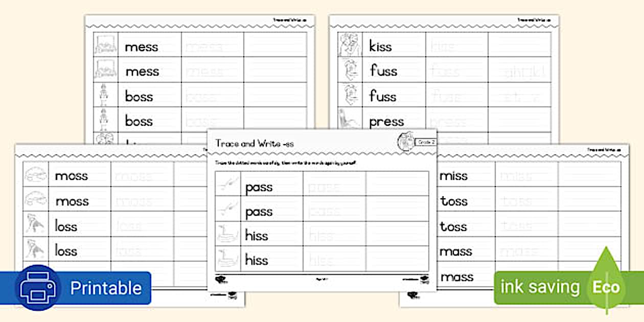 Grade 2 Phonics Trace and Write -ss (teacher made) - Twinkl