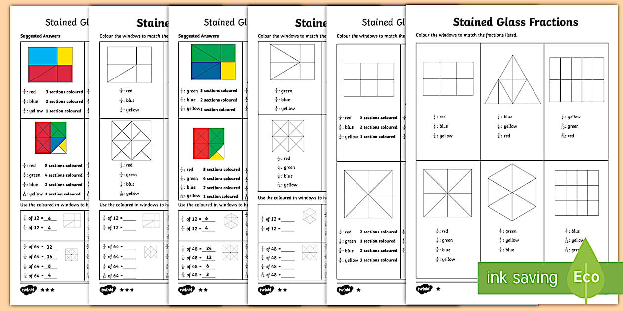 Year 5 Stained Glass Fractions Differentiated Worksheets
