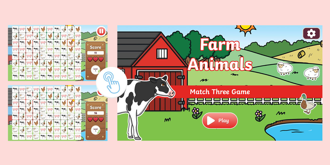 Farm Animals Interactive Match Three Game - Twinkl - KS1