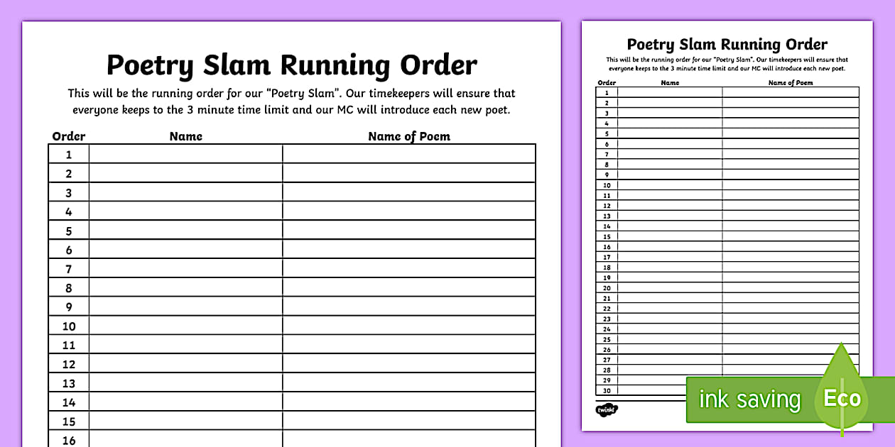 Editable Poetry Slam Sign Up and Running Order Writing Template