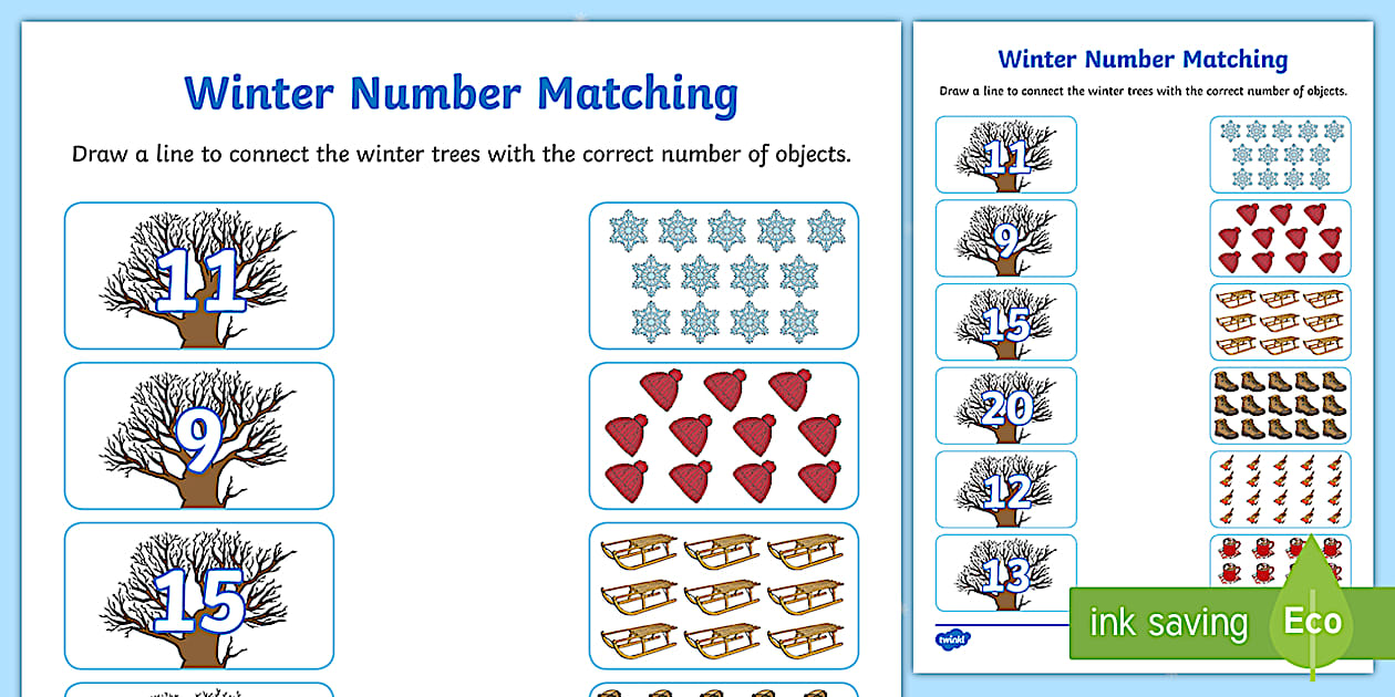 Winter Number Matching to 20 Worksheet (teacher made)