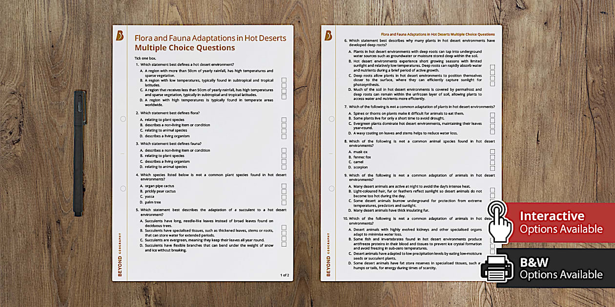 AQA Flora and Fauna Adaptations in Hot Deserts Multiple Choice Questions