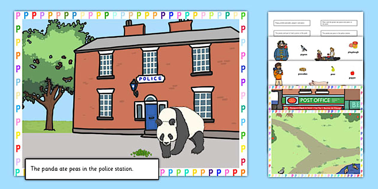 Black and White Silly P Sentences Cut and Stick Pictures
