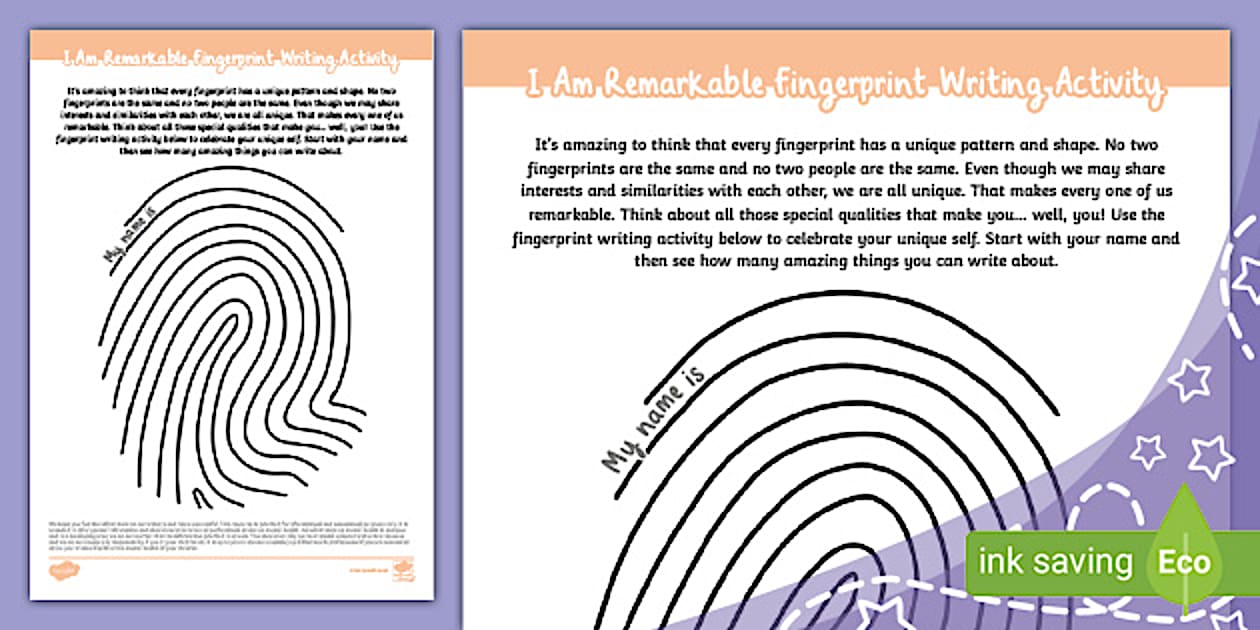 I Am Remarkable Fingerprint Writing Activity - Twinkl