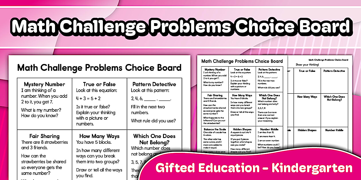 Math Challenge Problems Choice Board for Gifted Education