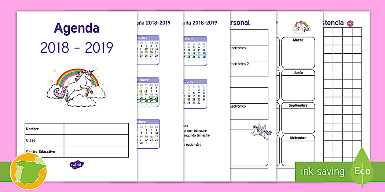 Calendario escolar y agenda 2018-2019: Unicornios - Twinkl
