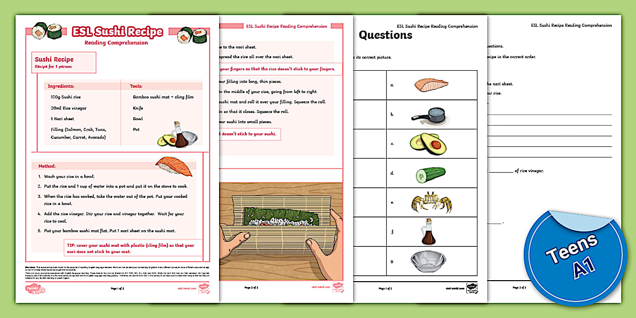 ESL June Reading Comprehension: A Sushi Recipe [Teens A1]
