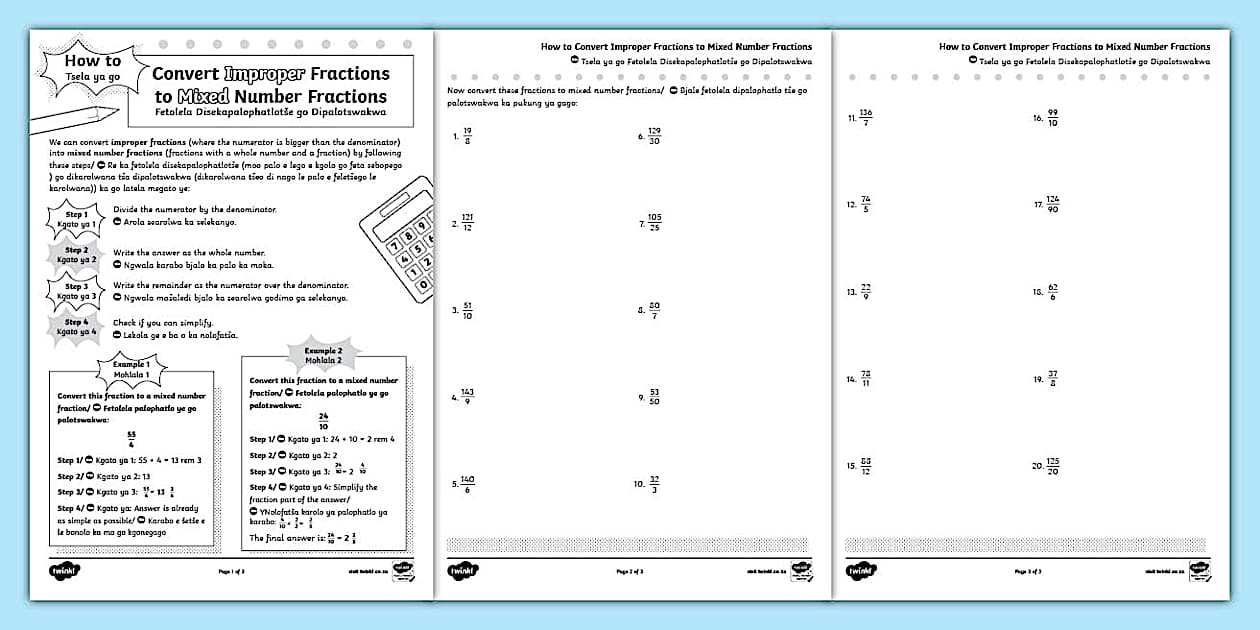 How to Convert Improper Fractions to Mixed Number Fractions Activity Sheet