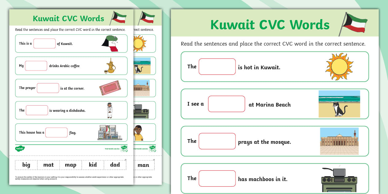 Kuwait CVC Sentence Activity – Cut, Read & Complete