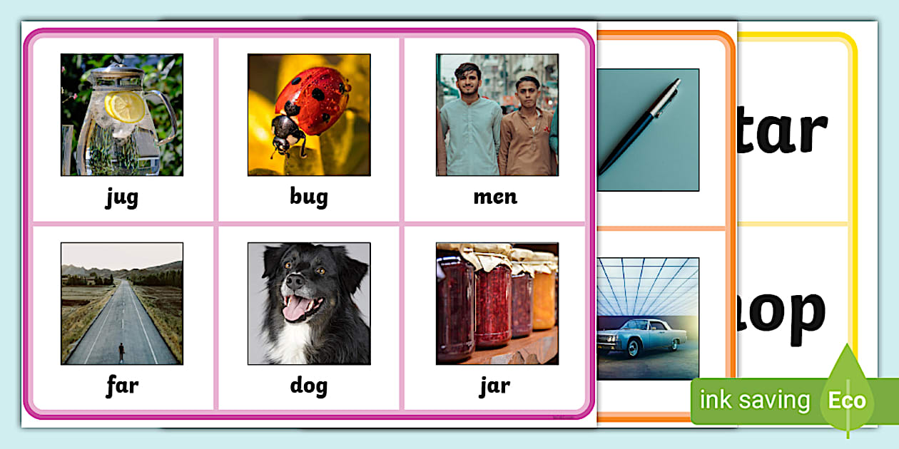Rhyming Words Photo Bingo (ar, it, ug, ox, og, en) - Twinkl