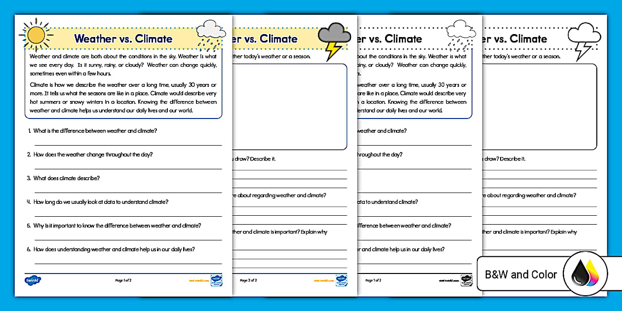 Weather vs. Climate Beginner Level Reading Writing Worksheet