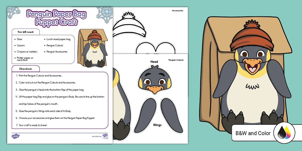 Penguin Paper Bag Puppet Craft (teacher made) - Twinkl