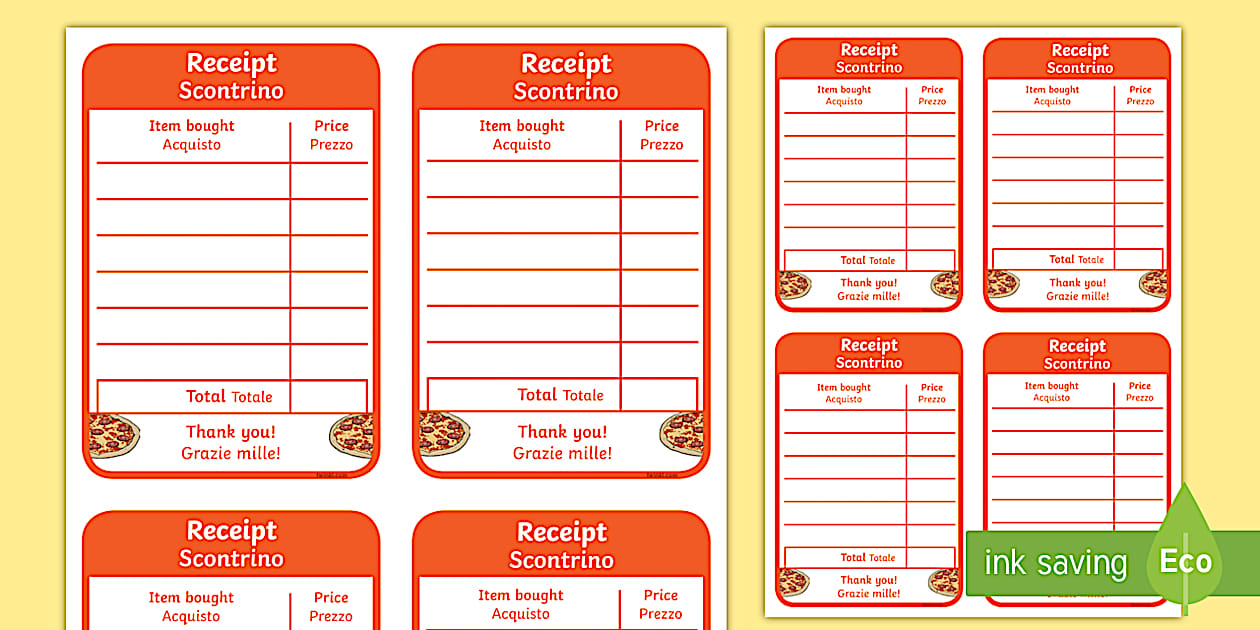 Pizza Parlour Role-Play Receipt English/Italian - Twinkl